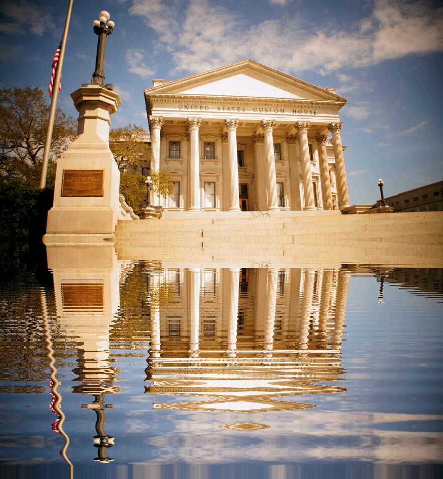 Building with water reflection