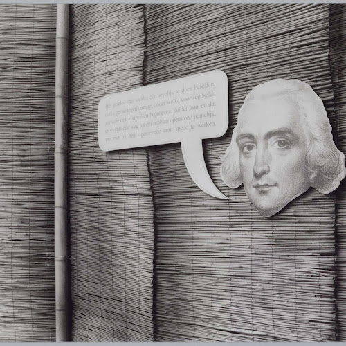 Reproductie van portret van Herman Willem Daendels met een tekstballon ...