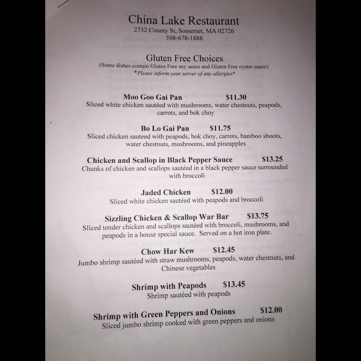 Menu page 1 - Photo from China Lake Restaurant