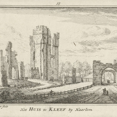 Gezicht op de ruïne van Huis ter Kleef te Haarlem, 1660, Abraham ...