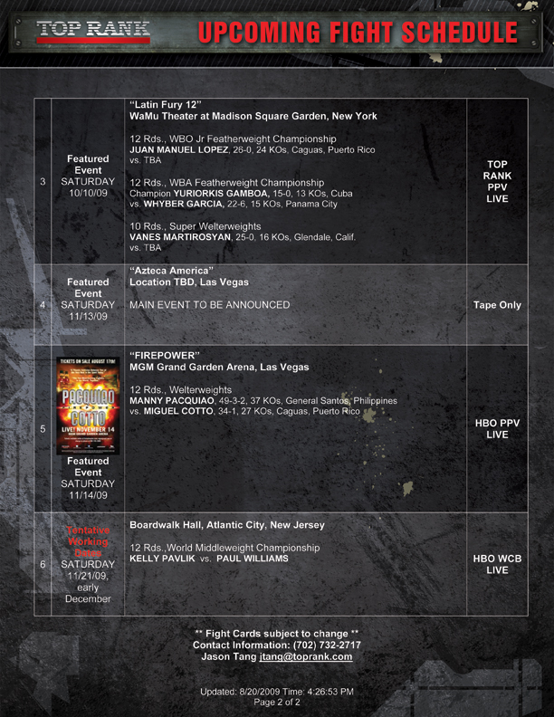 Top Rank Boxing: Upcoming Fight Schedule - updated on August 20, 2009