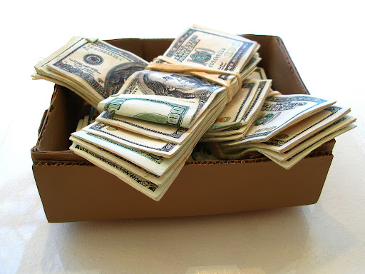 crooked notes: Box of money.