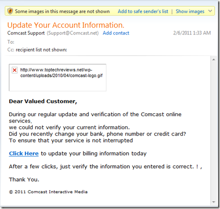 Last In - First Out: Well formed Comcast phishing attempt - “Update ...