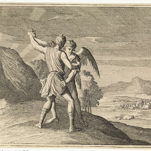 Jakob worstelt met de engel, Caspar Luyken, 1712 - Rijksmuseum
