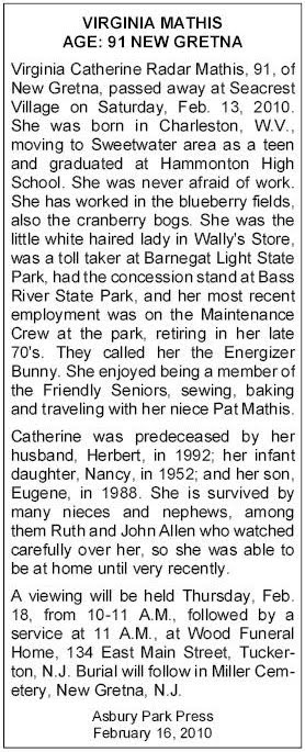BASS RIVER TOWNSHIP, N.J. HISTORY . . . etc.: Catherine Mathis Passes On