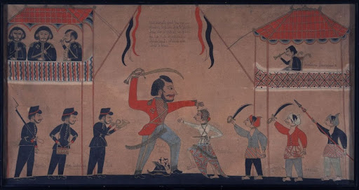 Javanese painting by Tirto of Grisek depicting Surapati killing Captain ...