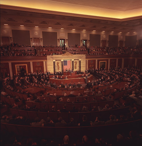 President Lyndon B. Johnson at the speaker's podium addressing a Joint ...