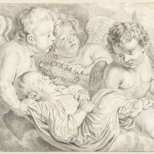 Engeltjes met dood kind, Abraham Delfos, after Anthony van Dyck, 1741 ...