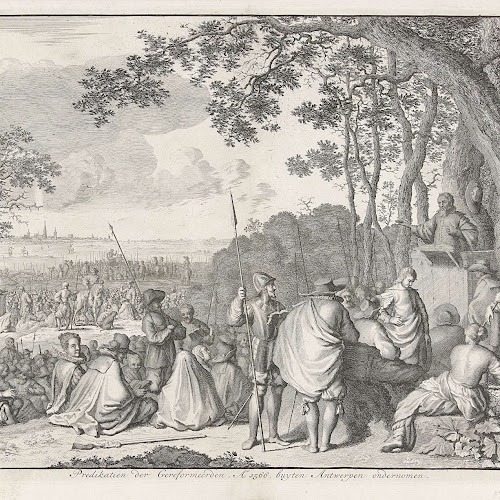 Hagenpreken buiten Antwerpen, 1566, Jan Luyken, 1730 - Rijksmuseum